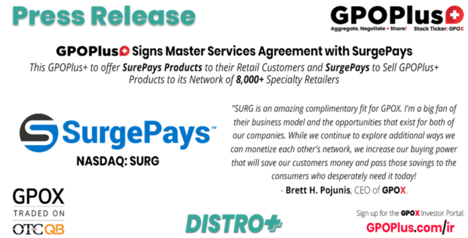 GPOPlus+ Signs Master Services Agreement with SurgePays | GPO Plus, Inc.
